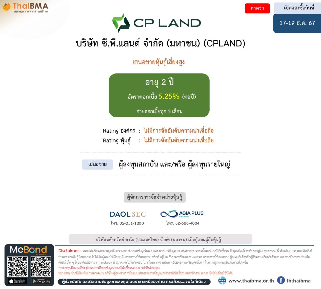 CPLAND ขายหุ้นกู้เสี่ยงสูง 800 ล้าน จ่ายดอกเบี้ย 5.25% นำเงินรีแบรนด์โรงแรม