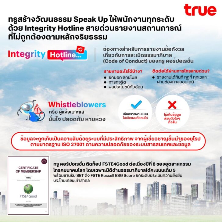 ทรู คอร์ปอเรชั่น ติดท็อป FSTE4Good ต่อเนื่องปีที่ 8