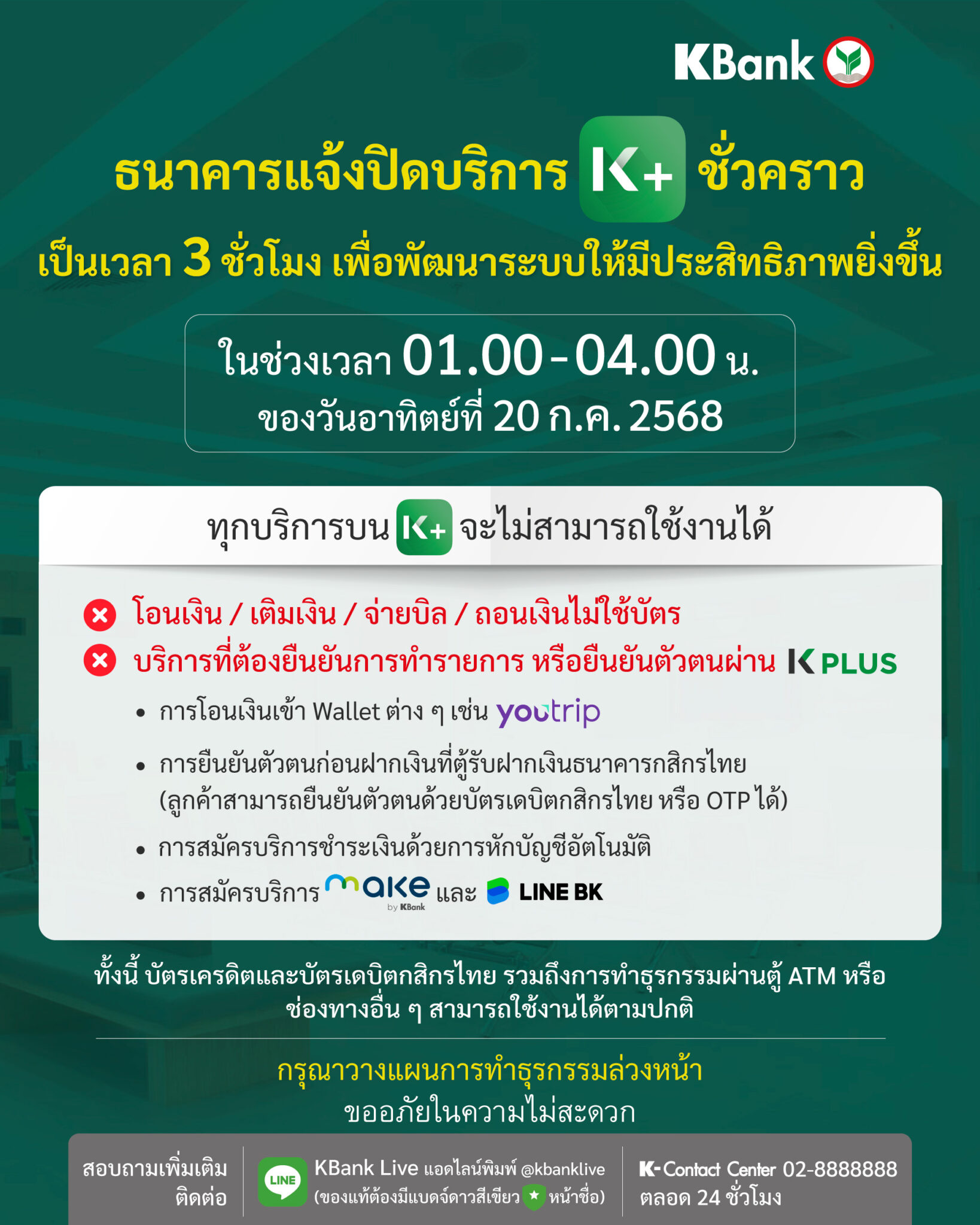 แบงก์กสิกรไทย แจ้งปิดบริการ K PLUS ชั่วคราว เป็นเวลา 3 ชั่วโมง เพื่อ ...
